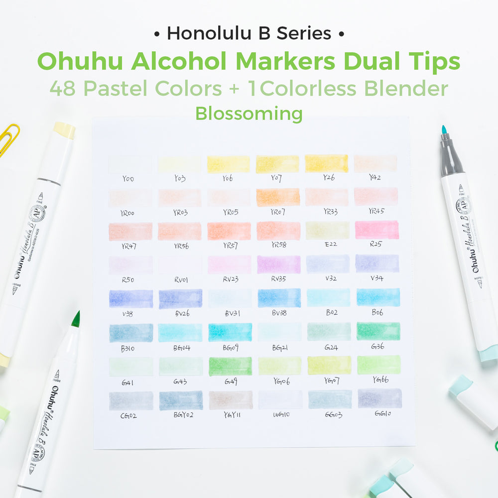 Ohuhu Honolulu New 48 Pastel Colors Dual Tips Alcohol Art Markers - Bl