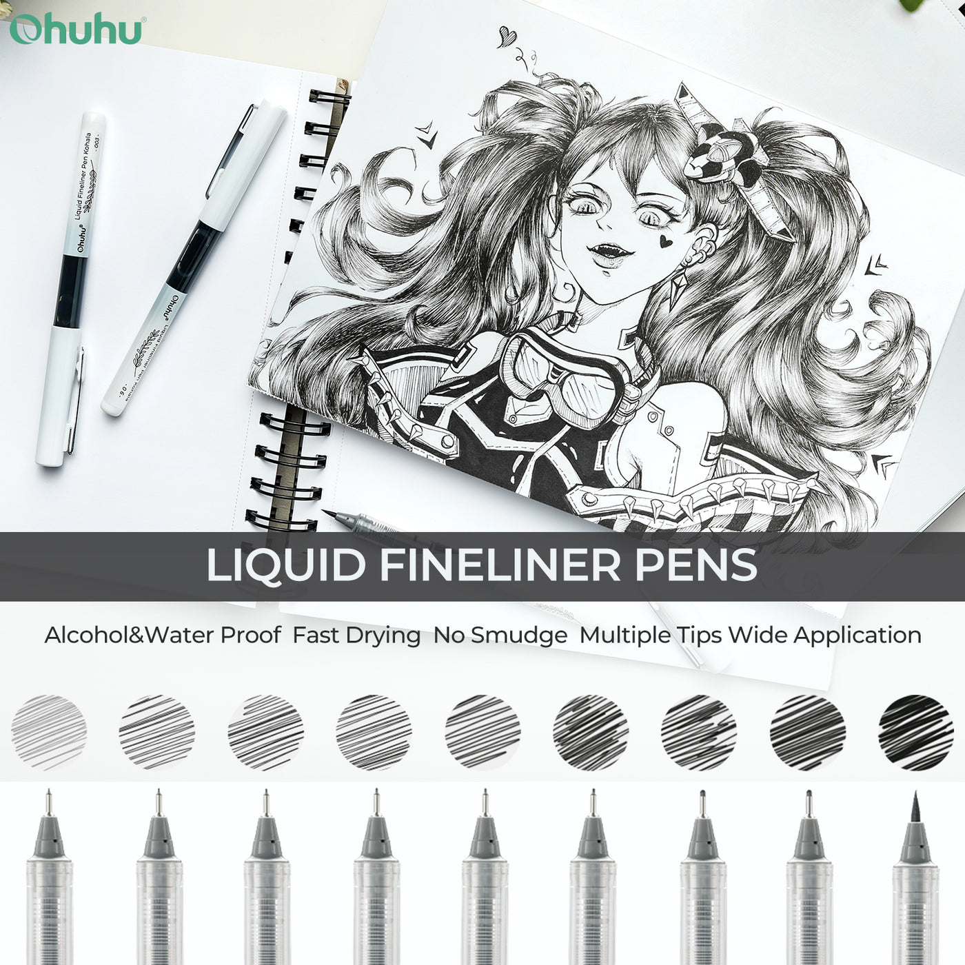 Ohuhu Kohala Liquid Fineliner Drawing Pens,9 Pack