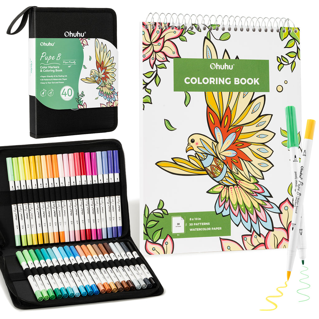 Ohuhu Pupe B 40 Paper-friendly (No Peeling) Markers＆ Coloring Book Set