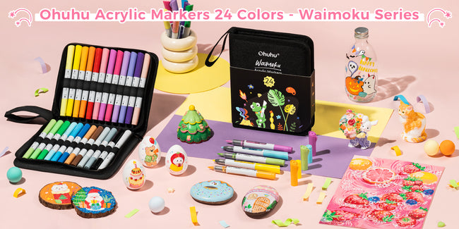 Ohuhu 24 Colors Brush & Bullet Automatic Ink Control Acrylic Markers