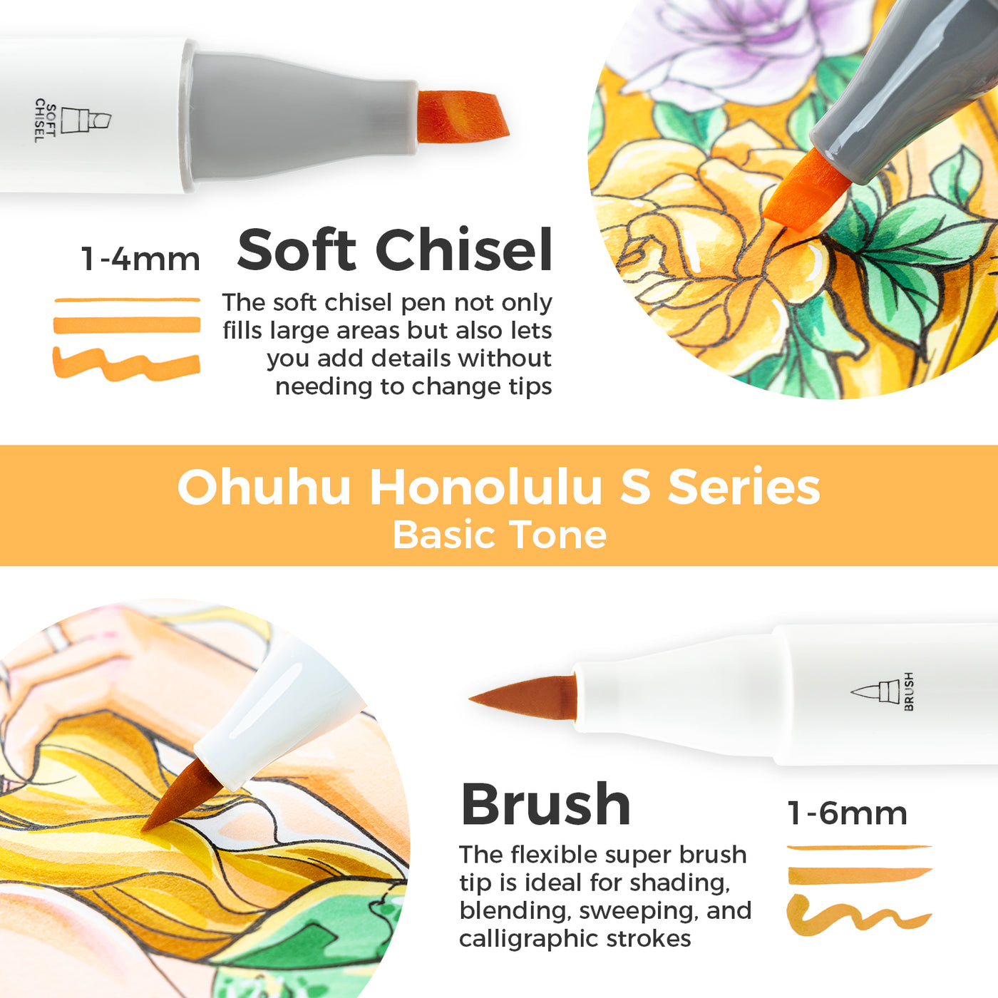 Ohuhu Honolulu S 48 Colors Dual Soft Tips Alcohol Art Markers, Brush