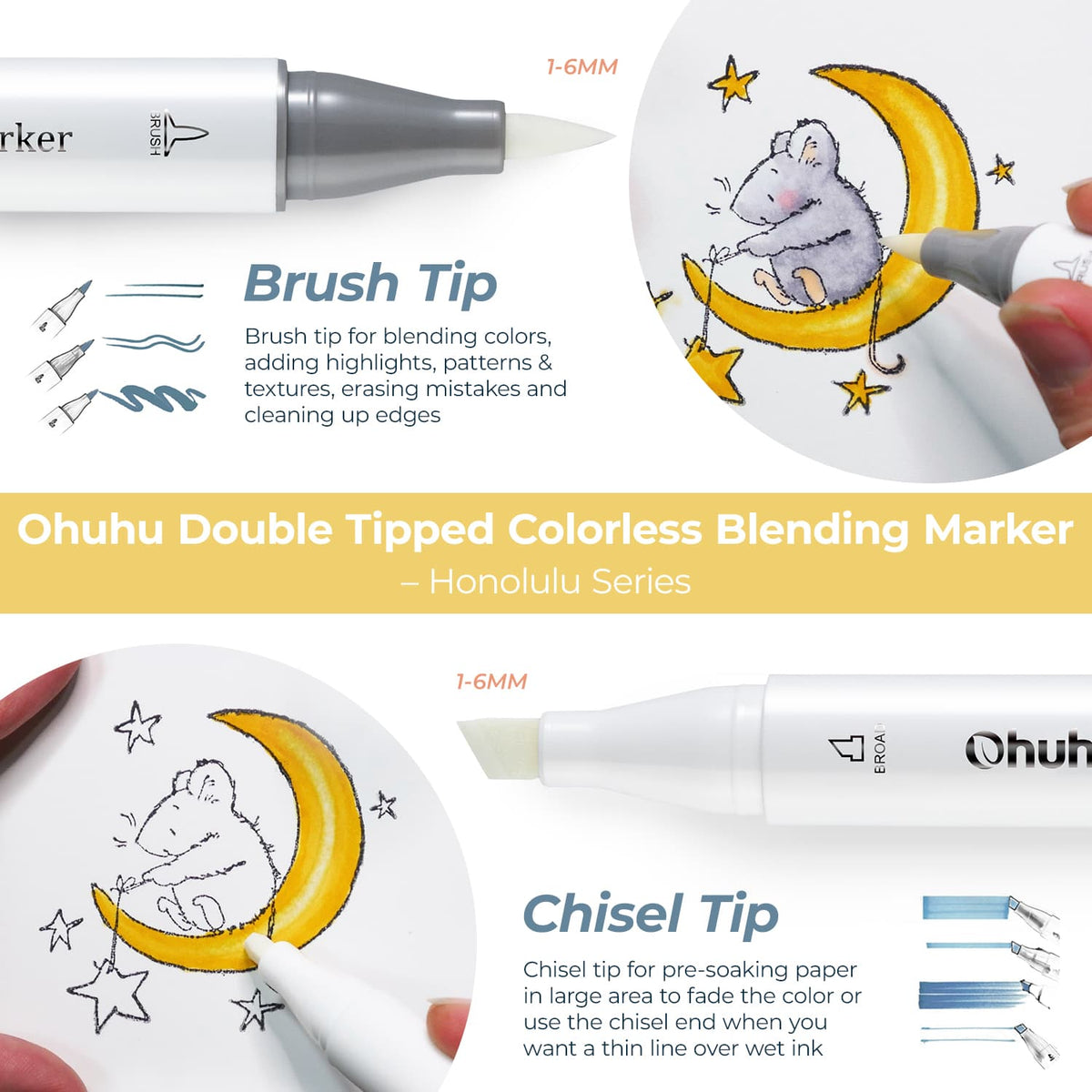 Ohuhu Honolulu Colorless Blender Marker - Pack of 6