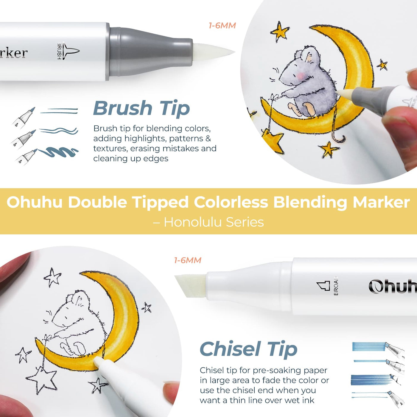 Ohuhu Honolulu Colorless Blender Marker - Pack of 6
